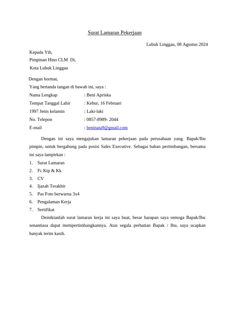 Berkas Lamaran Beni Apriska Hino CLM | PDF