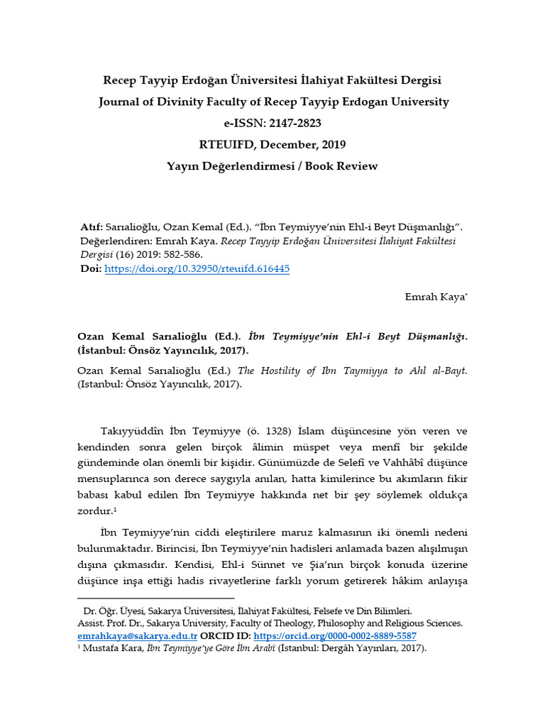 İbn Teymiyyenin Ehli-Beyt Düşmanlığı (Emrah Kaya) | PDF