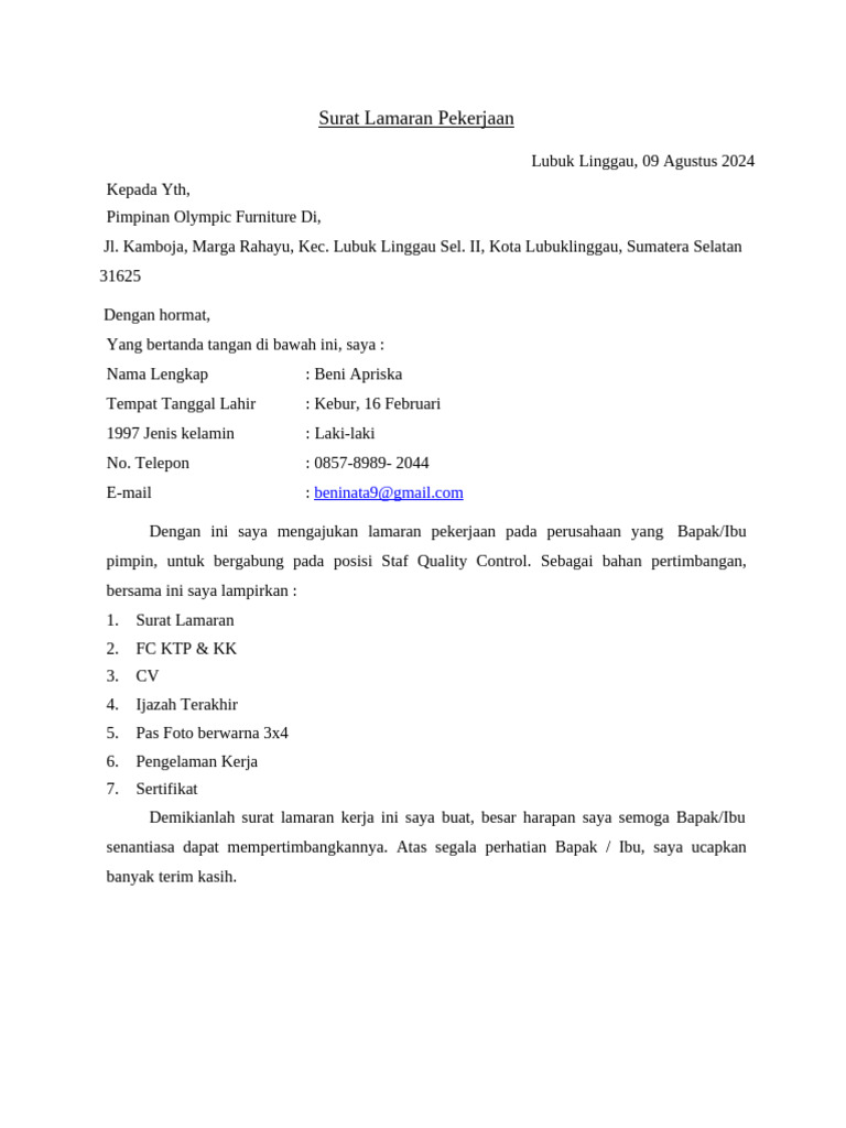 Berkas Lamaran Beni Apriska Olympic Furniture | PDF