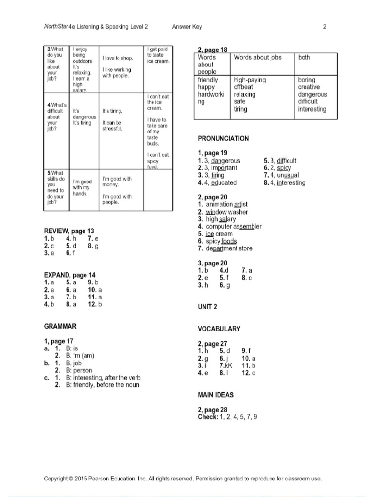 Answer Key North Star Book 2 Unit 1-8 | PDF