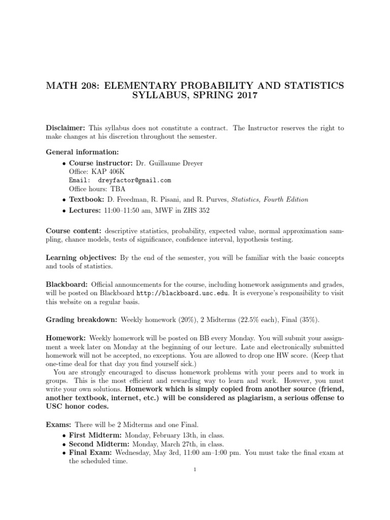 MATH 208 Elementary Probability and Statistics Spring 2017 Dreyer | PDF