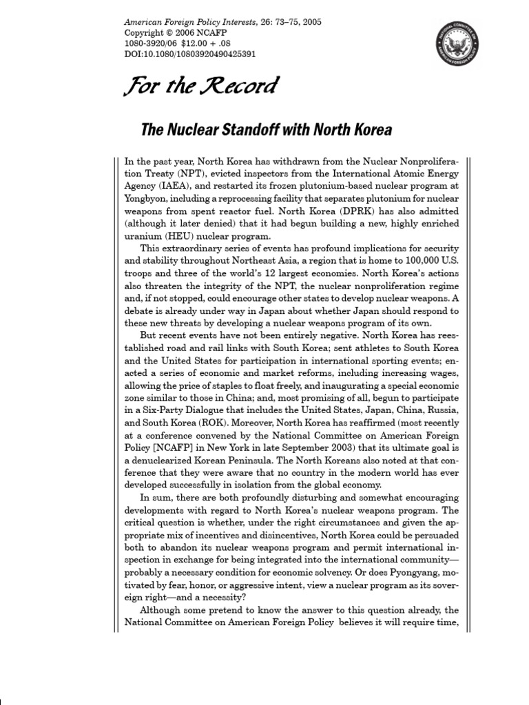 The Nuclear Standoff With North Korea | PDF