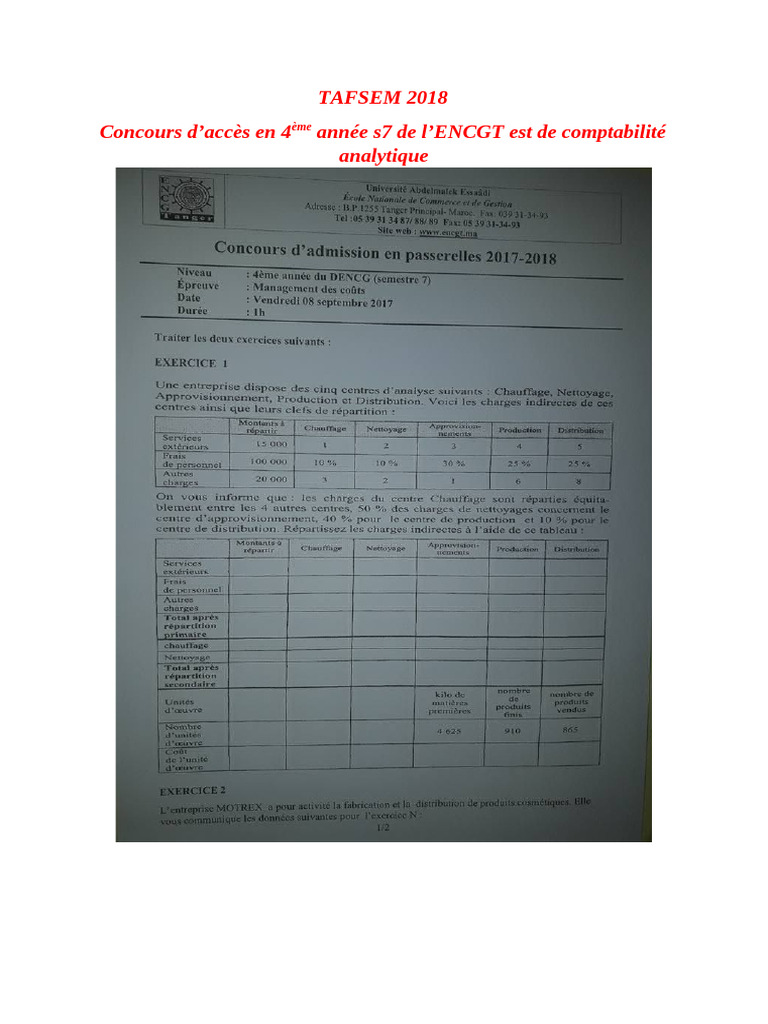 TAFSEM 2018 ENCG TANGER Compta Analytique | PDF