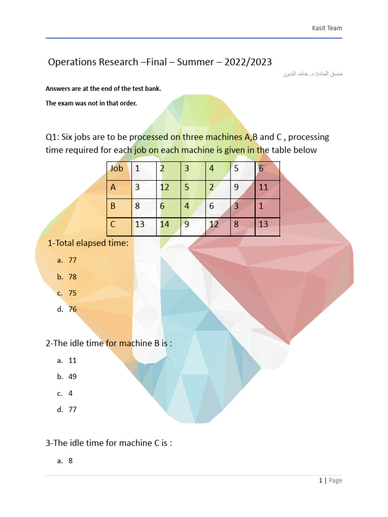 Testbank Operations Research Final 2023 Summer With Solution | PDF