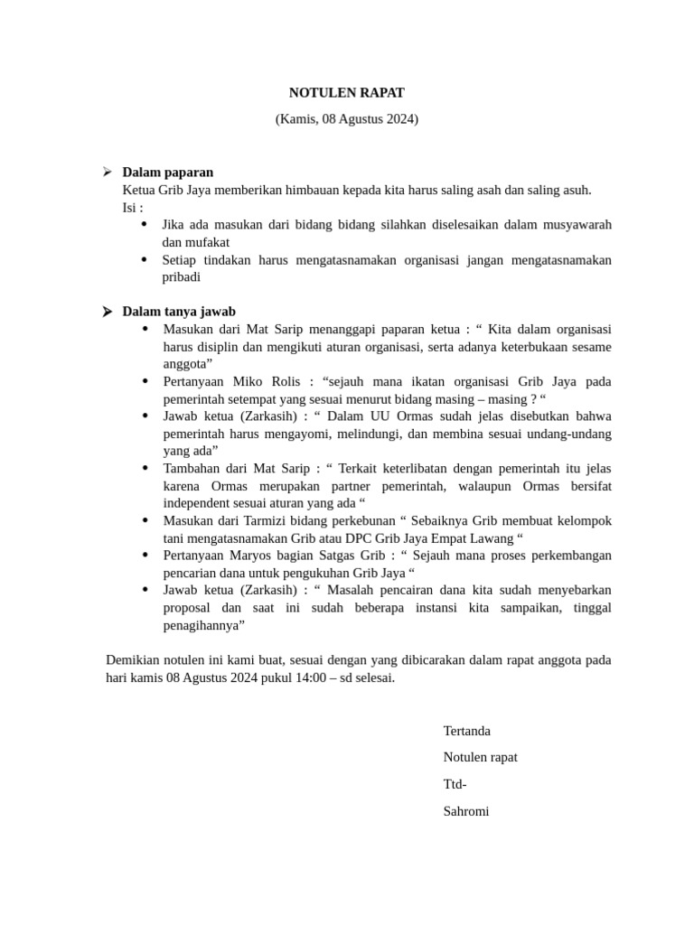NOTULEN RAPAT GRIB JAYA (8 Agustus 2024) | PDF