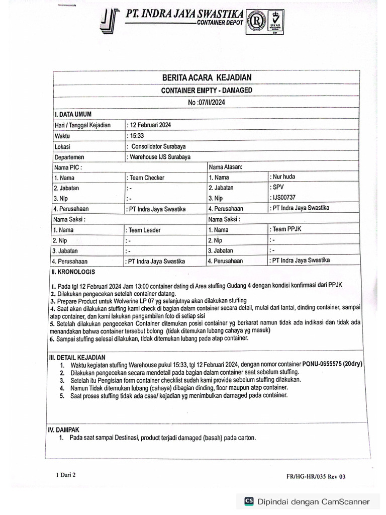 Berita Acara Kronologi Kejadian - Damaged Container - PONU0655575 | PDF