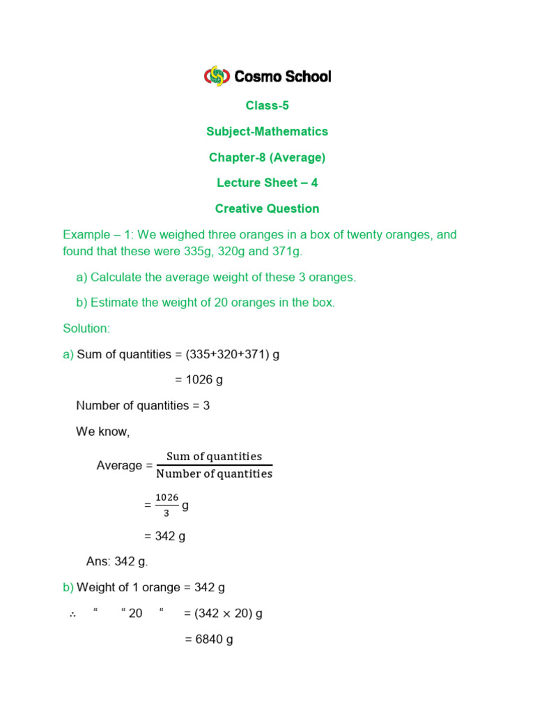 Class -5, Sub - Math, Chapter-Average, Lecture - 4 | PDF