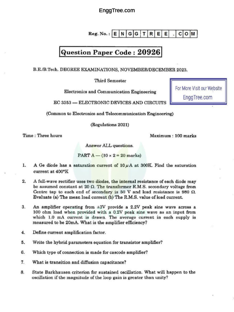 EC3353 Electronic Devices and Circuits Nov Dec 2023 Question Paper Download | PDF