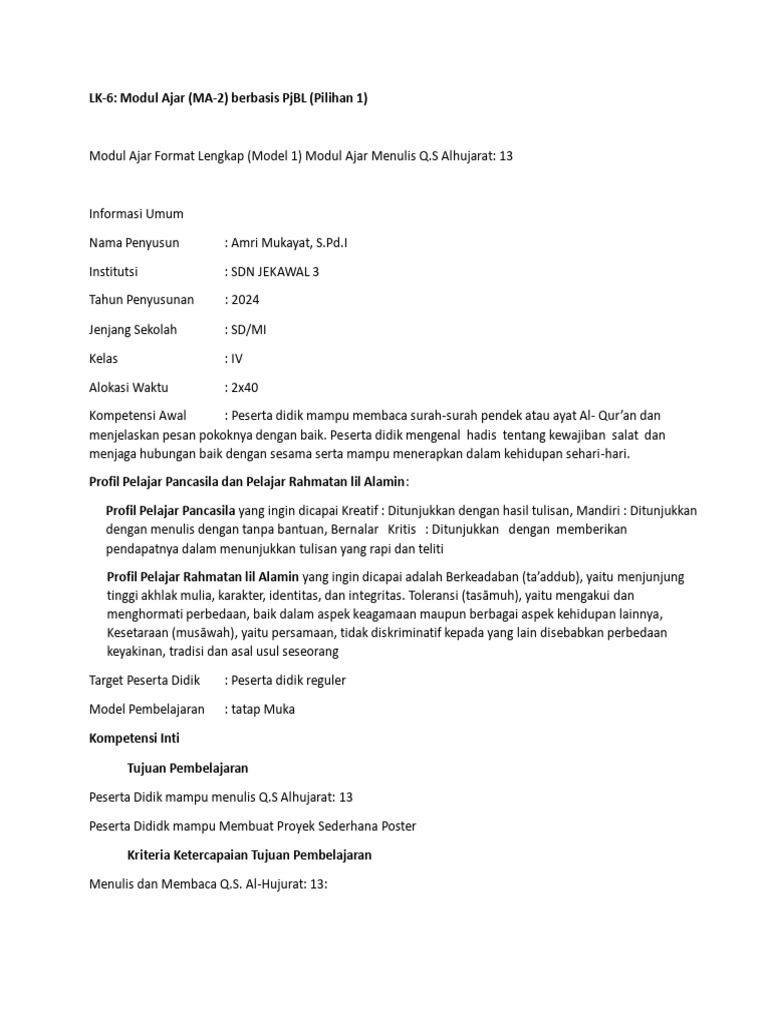 LK. 6 Modul Ajar PjBL. terbaru | PDF
