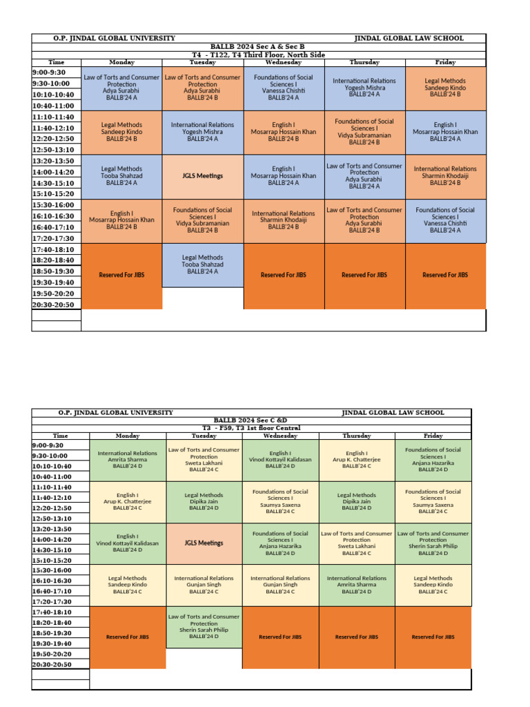 JGLS Core Courses Timetable - Fall 2024 | PDF