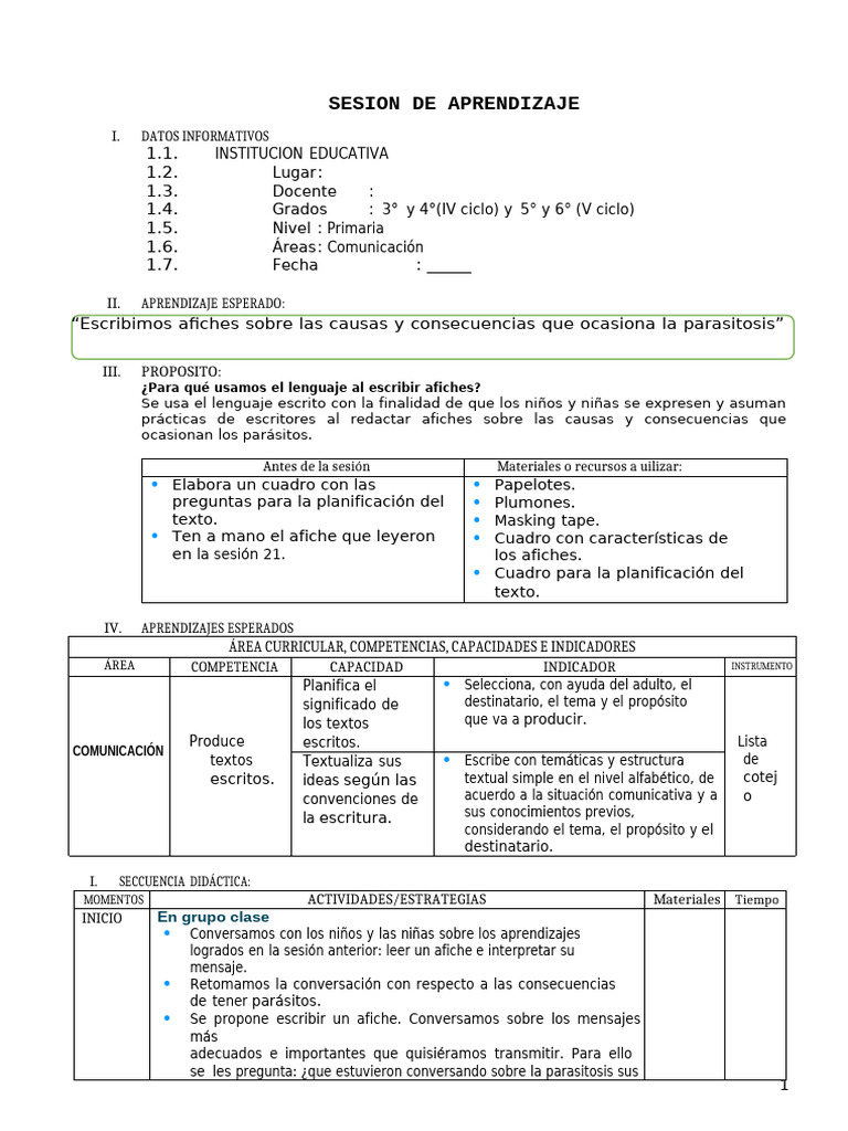 sesion_aprendizaje_primaria_comunicacion_2 | PDF