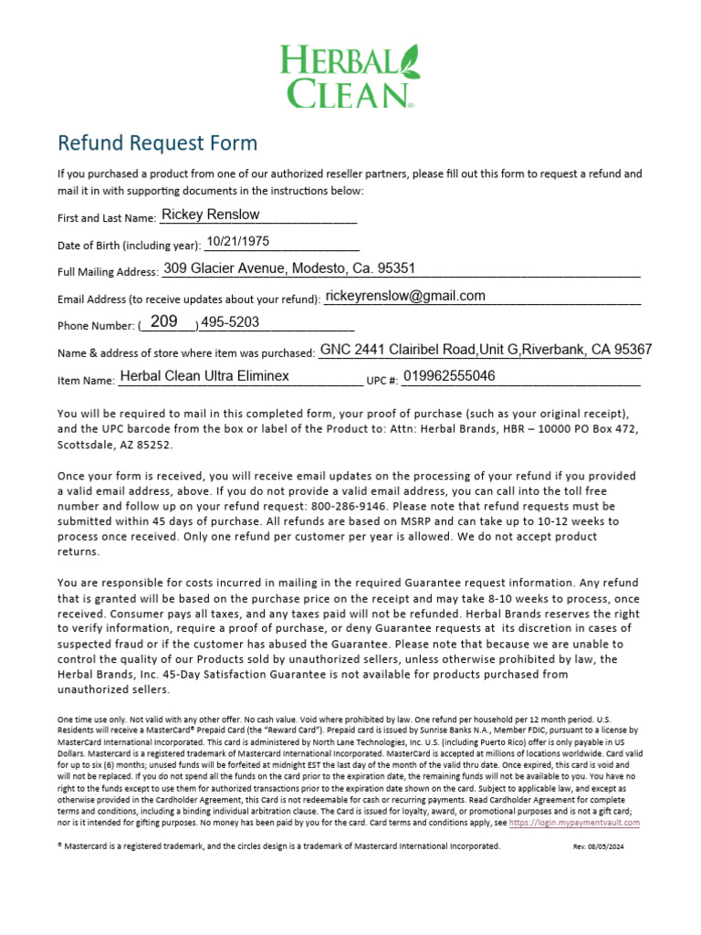 Herbal Clean Refund Form 8.5.24.PDF 1 | PDF | Credit Card | Finance ...