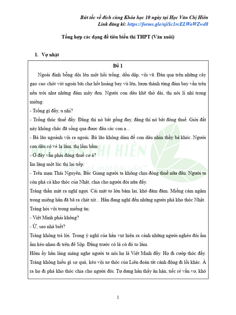 Văn xuôi - Tổng hợp các dạng đề tiêu biểu thi THPT | PDF