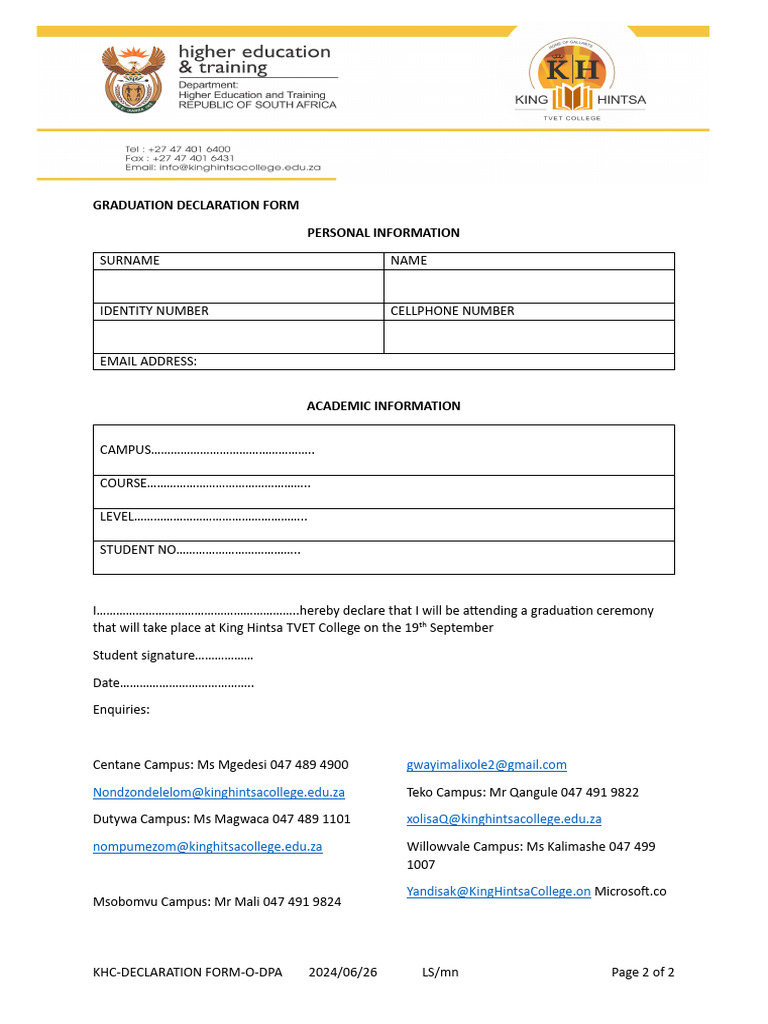 Graduation Declaration Form 2 | PDF