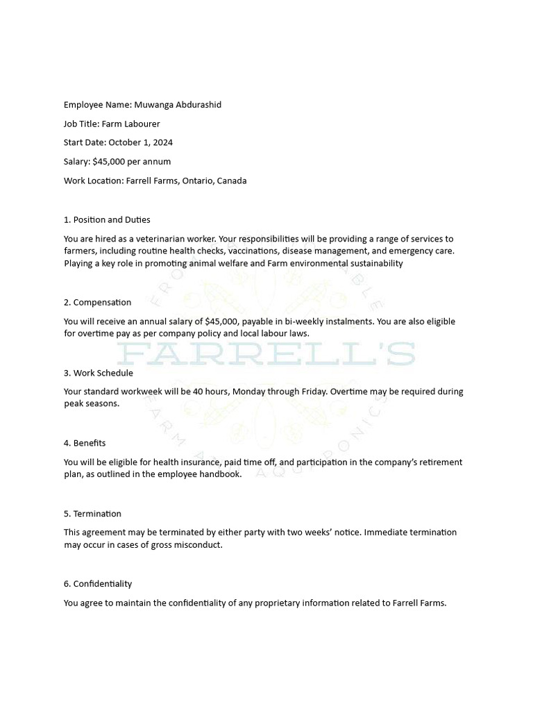 Farrell Farms Employment Agreement | PDF