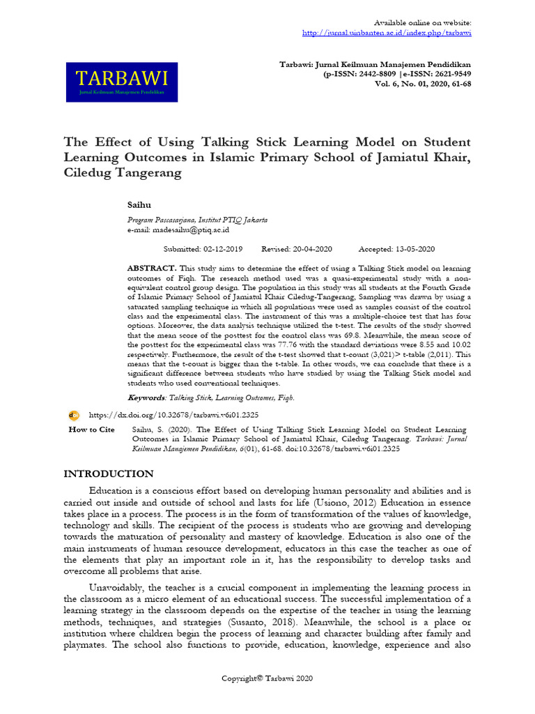 The Effect of Talking Stick Method in Learning Outcomes | PDF