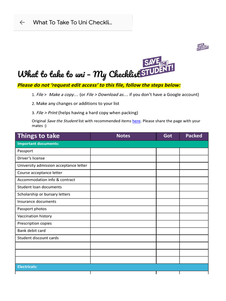 What To Take To Uni Checklist - Save The Student | PDF