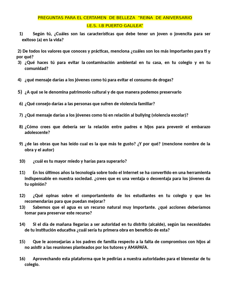 Preguntas para El Concurso de Belleza Elección 2024 | PDF
