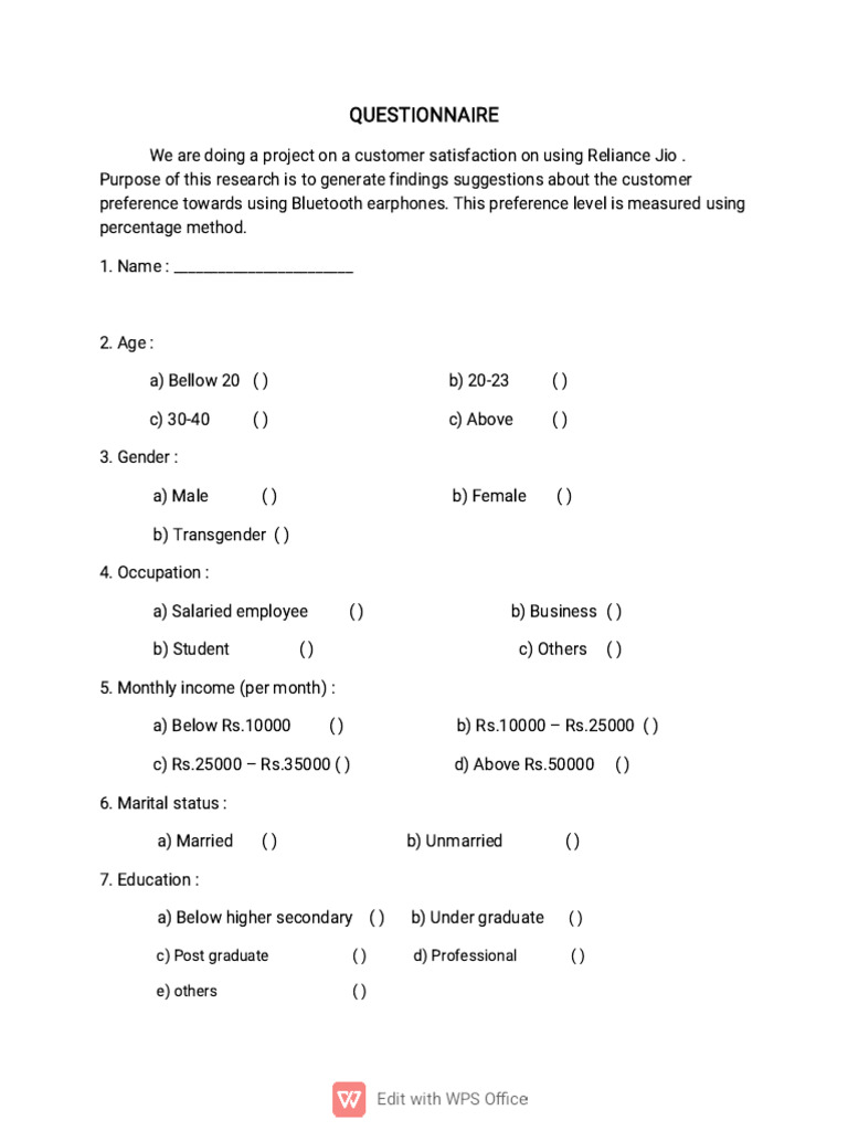 Questionnaire - Reliance Jio | PDF | Gender | Business