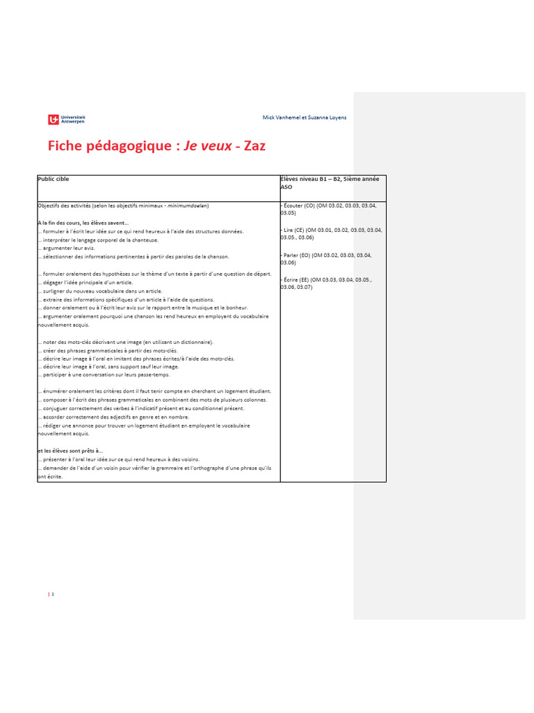 Fiche Pédagogique: Je Veux - Zaz: Public Cible Élèves Niveau B1 - B2 ...