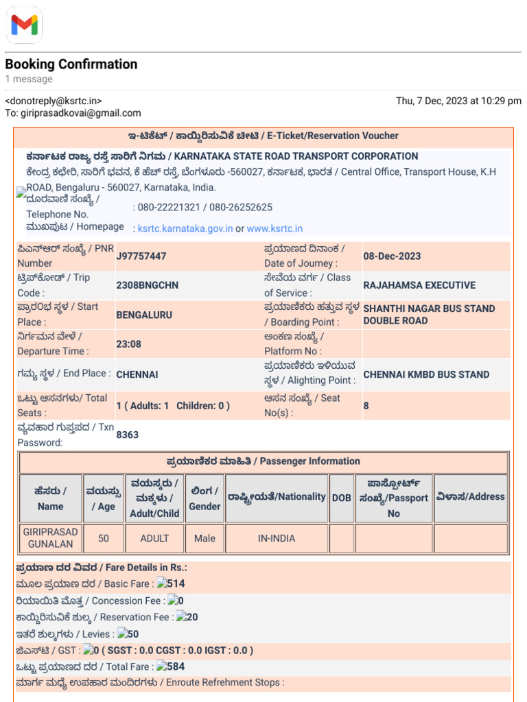 KSRTC Booking Return | PDF
