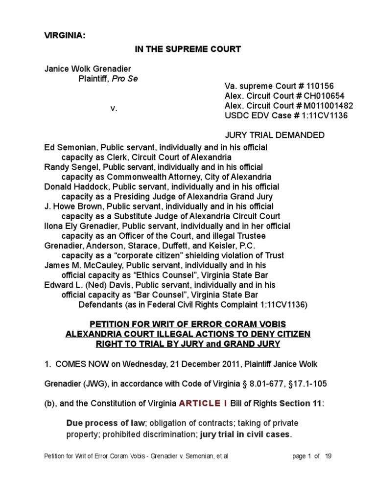 JWG Writ of Error Coram Vobis | PDF | Coram Nobis | Grand Jury