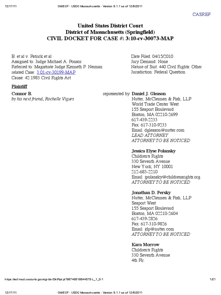 2011-12-17 Connor Docket - USDC Massachusetts - Version 5.1 | PDF | Federal Rules Of Civil ...