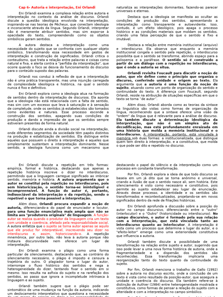 Resumo Cap 6 Autoria e Interpretação. Orlandi | PDF