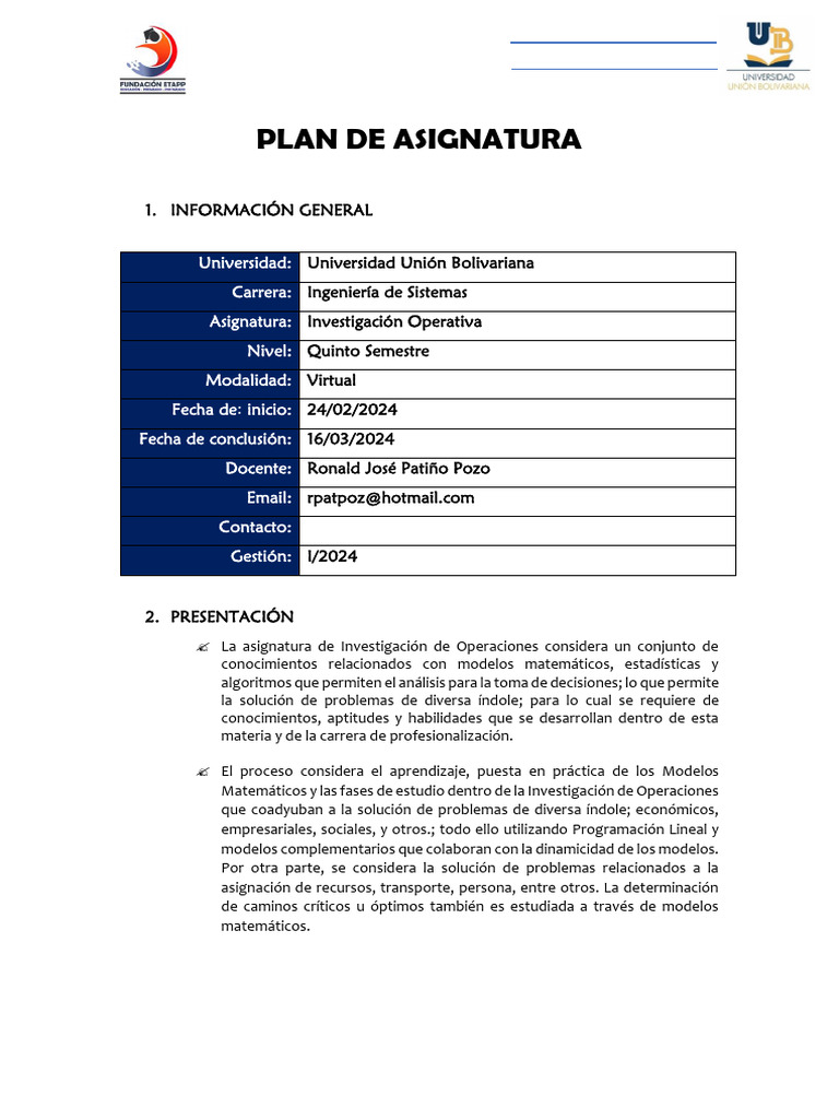 Plan de Asignatura Ub 2024 Complementario Io 1 | PDF