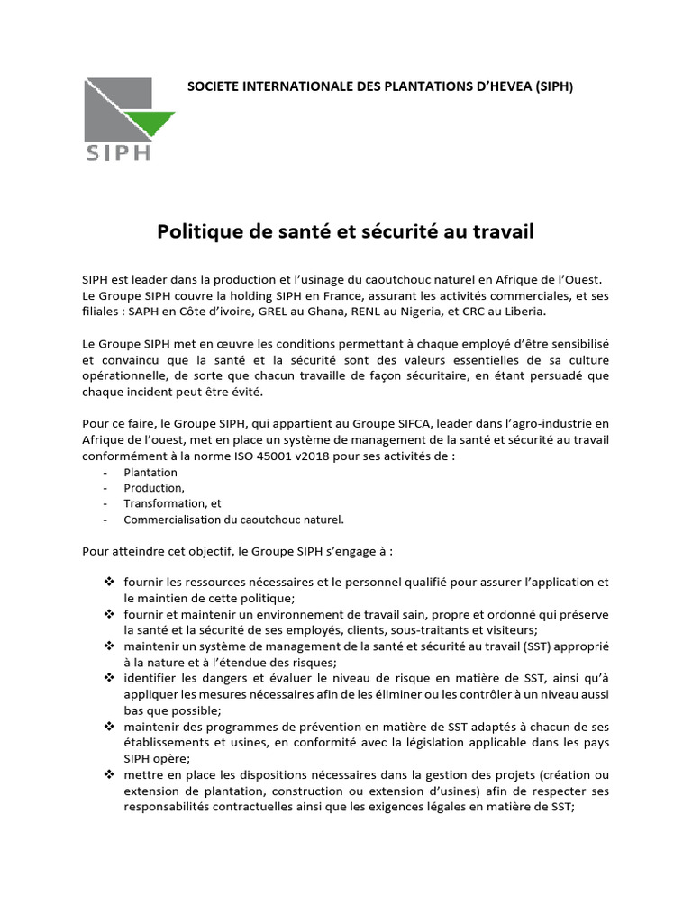 Politique de Sante Et Securite Au Travail SIPH | PDF