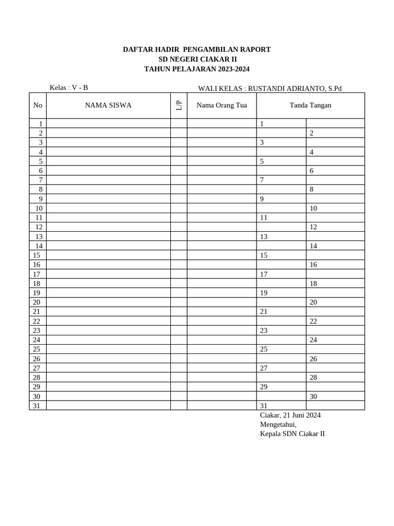 DAFTAR HADIR PENGAMBILAN RAPORT | PDF