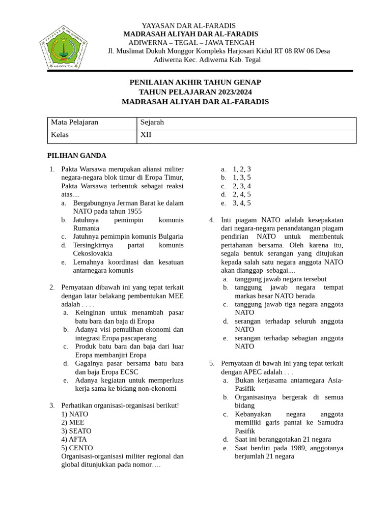 Pat Sejarah Kelas Xii 2024 | PDF