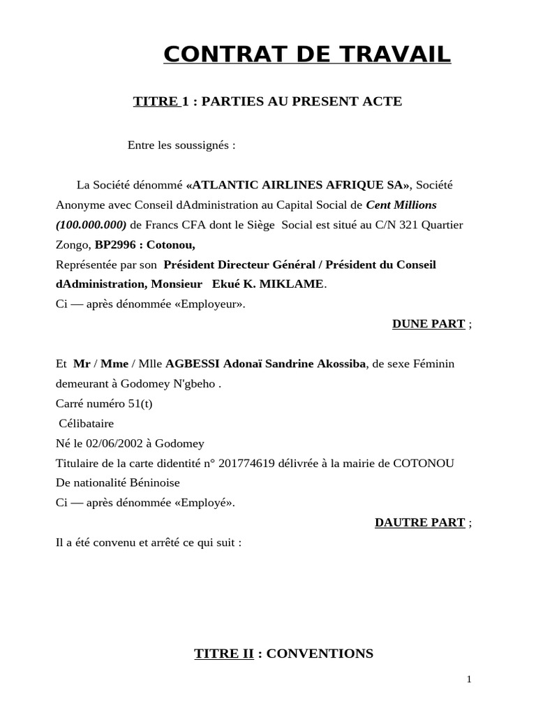 CONTRAT 2024 DE TRAVAIL AAA SA Cotonou | PDF