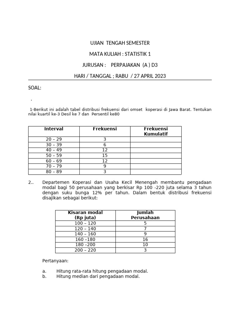 Uts Stat 1 d3 Perpajakan A | PDF