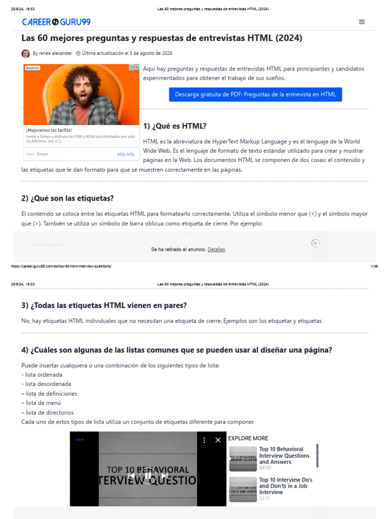 Las 60 Mejores Preguntas y Respuestas de Entrevistas HTML (2024) | PDF