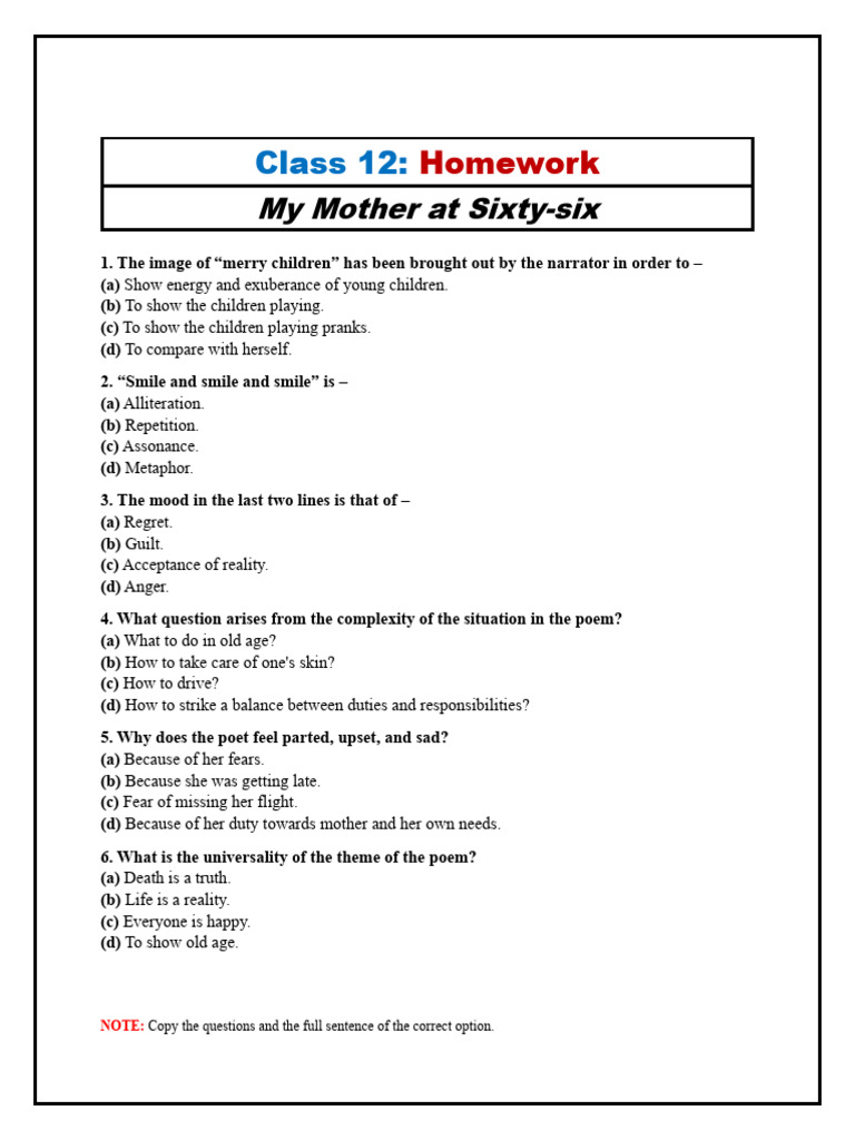 Class 12 - HOMEWORK - MY MOTHER AT SIXTY-SIX | PDF