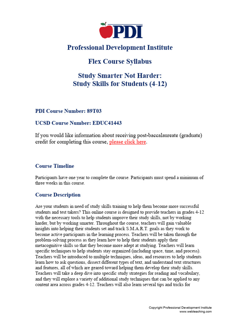 Professional Development Institute Flex Course Syllabus Study Smarter Not Harder: Study Skills ...