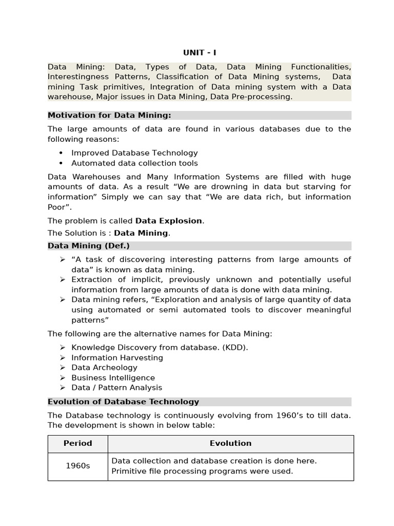 DATA MINING - B.Tech. Unit I | PDF