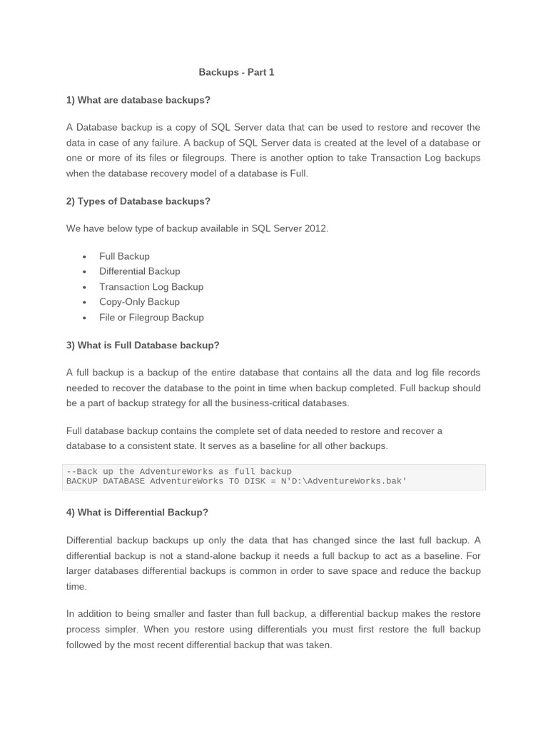 SQL Server Backups Part1 Questions | PDF | Backup | Business