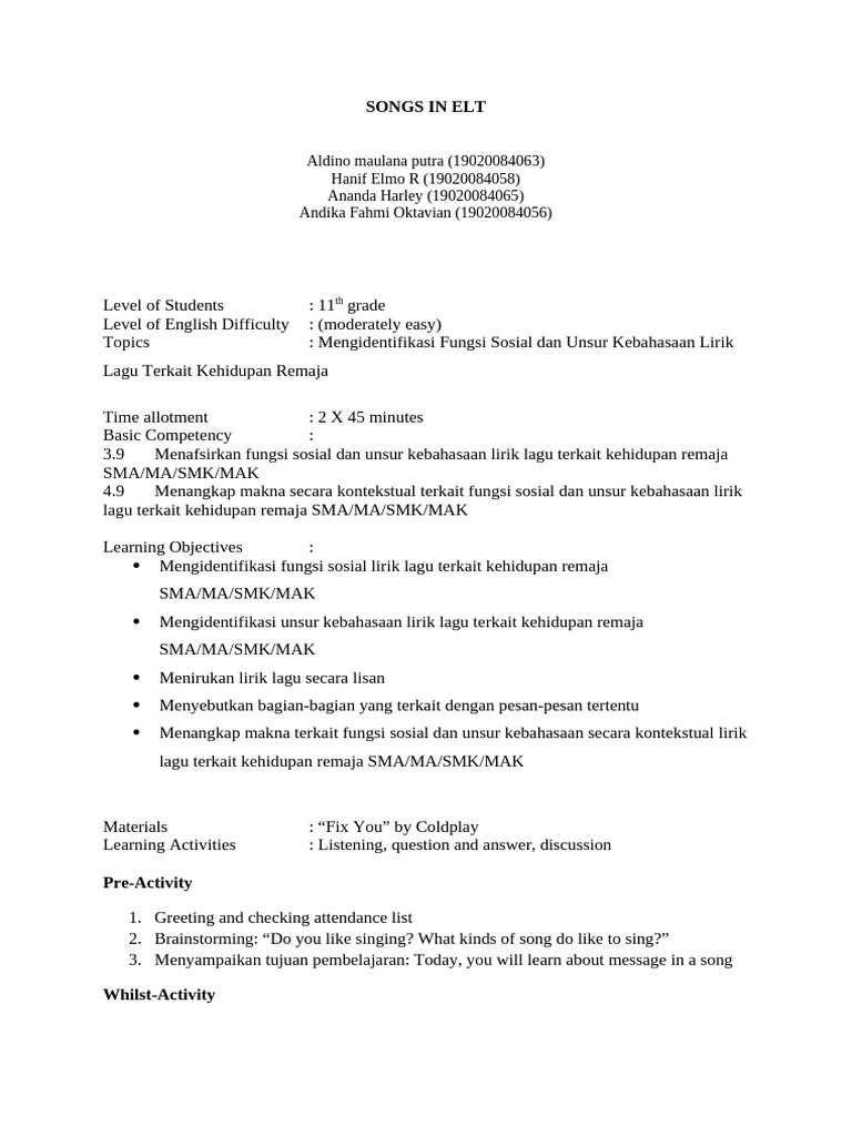 Teaching Plan - Songs in ELT - Group 1 | PDF