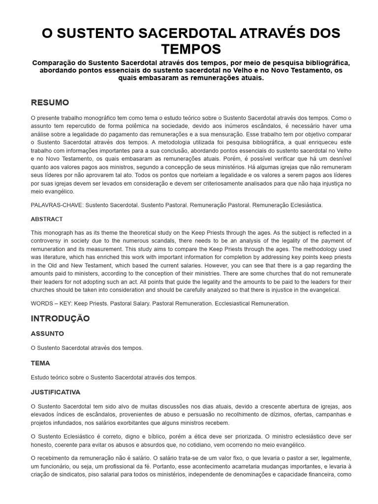 O SUSTENTO SACERDOTAL ATRAVÉS DOS TEMPOS - Brasil Escola | PDF