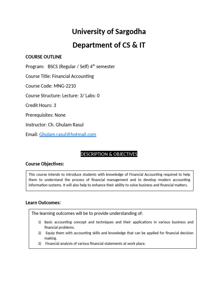 Financial Accounting Course Outline BSCS | PDF | Bookkeeping | Career ...