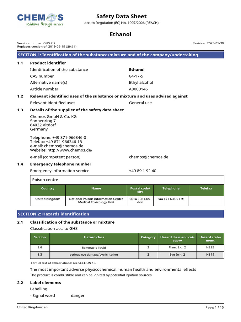 Ethanol Chemos Msds | PDF