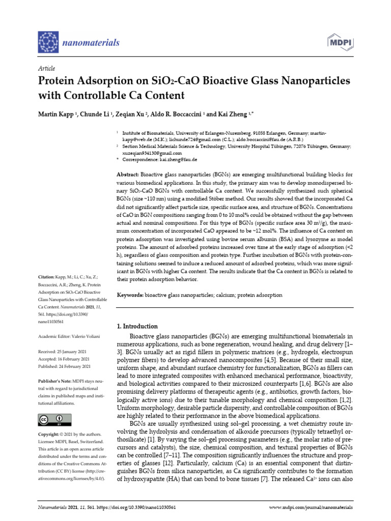 Protein Adsorption On SiO2-CaO Bioactive Glass Nan | PDF