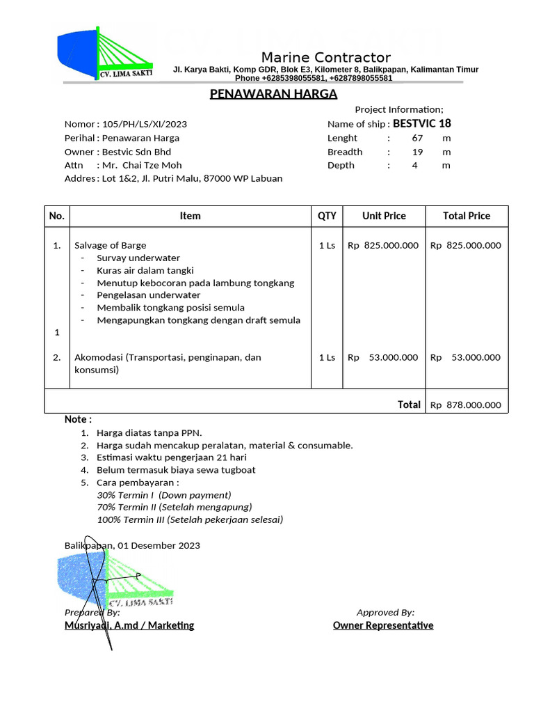 Quotation Salvage of Barge Bestvic 18. Rev.1 | PDF