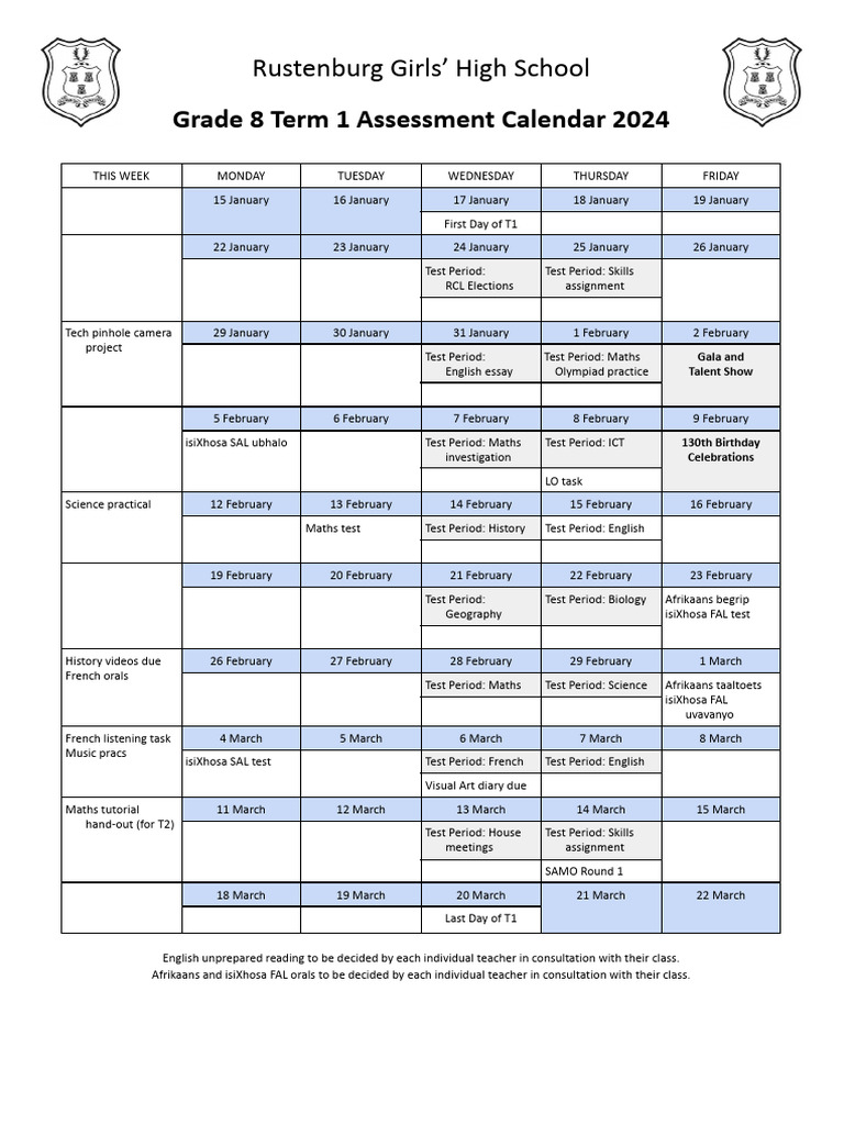 Term 1 2024 RGHS Assessment Calendars (All Grades) | PDF