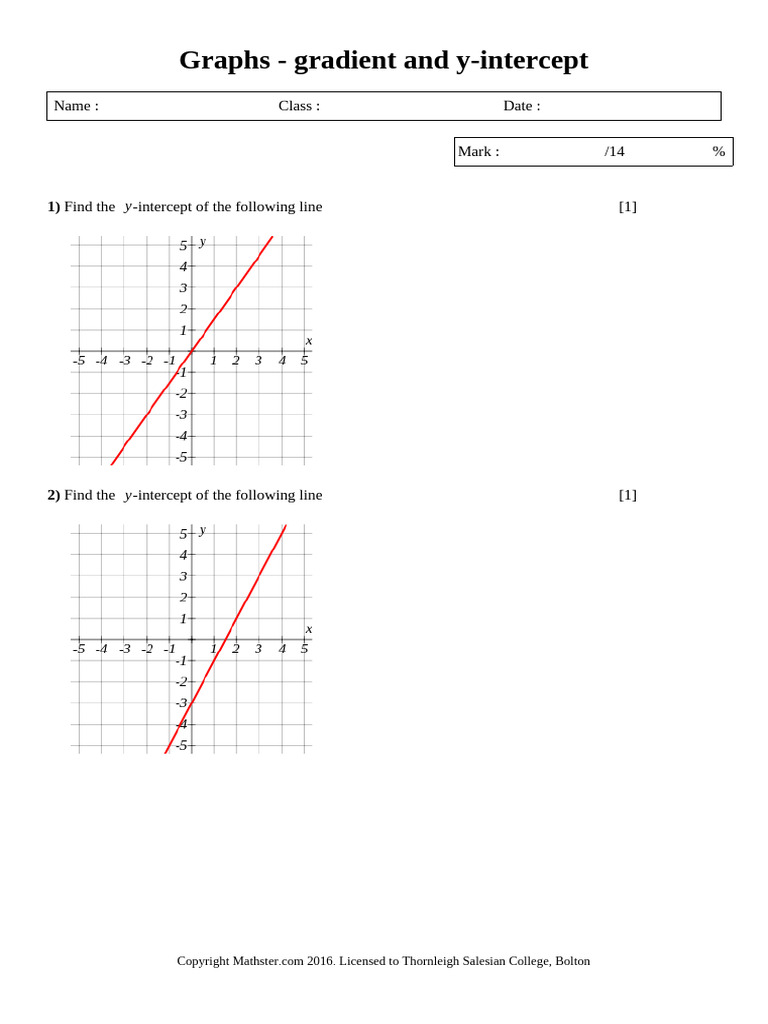 Graphs - Gradient and Y-Intercept - Yr 7 | PDF