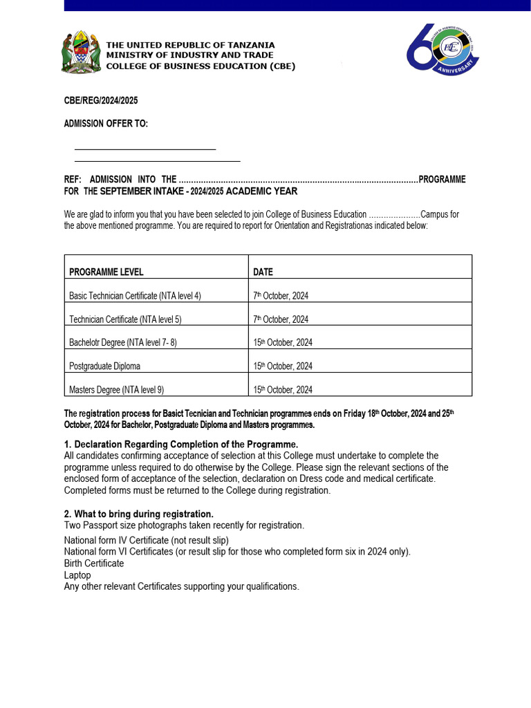 Joining Instructions For All Programmes 2024-2025 | PDF