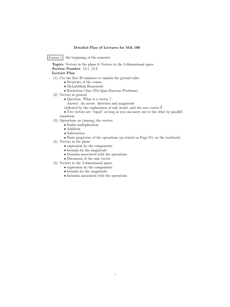 Lecture Plan Ma 166 | PDF