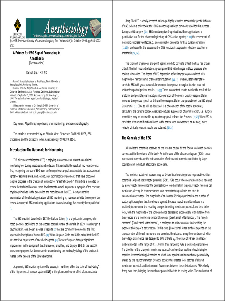 A Primer For EEG Signal Processing in Anesthesia Rampil | PDF